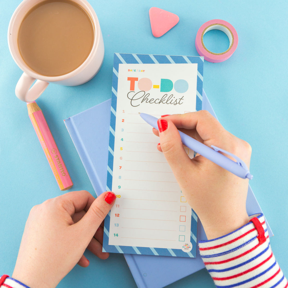 colourful-to-do-list-notepad-with-double-hand-and-pen-and-mug-view ...